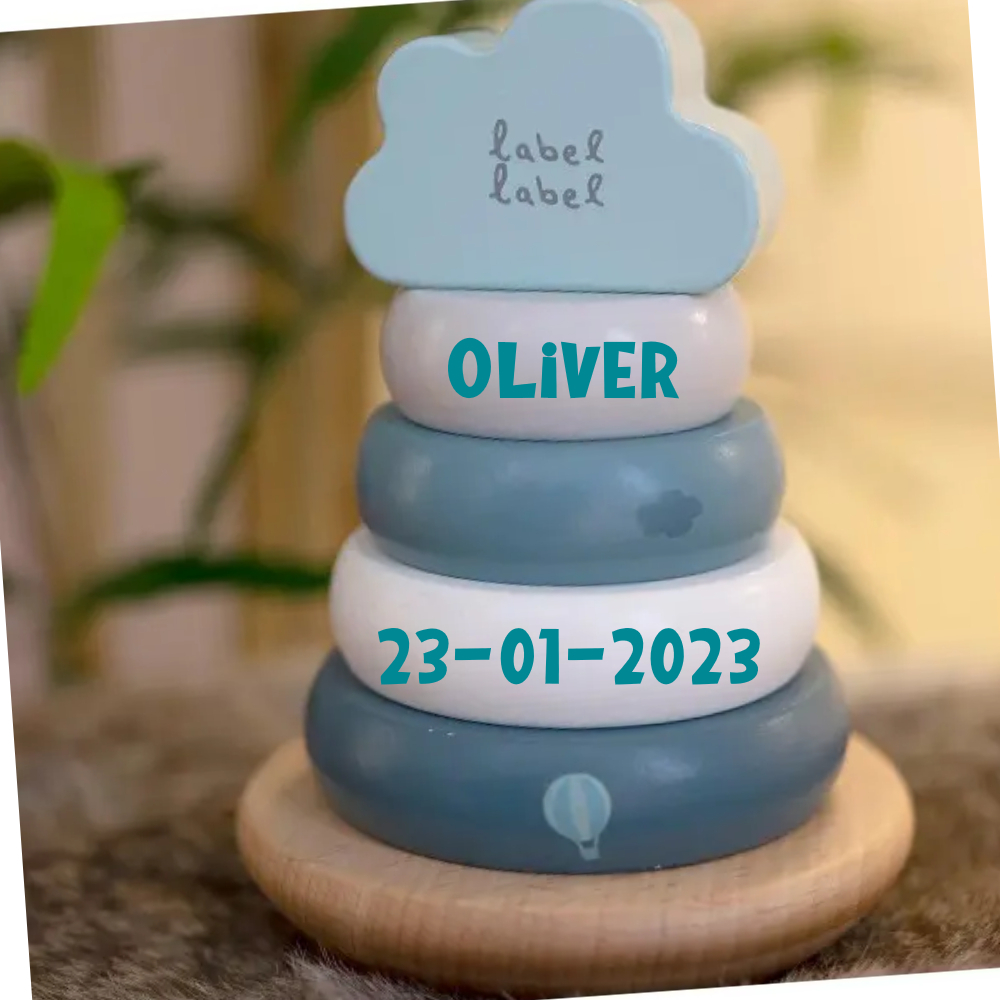 Label Label houten stapeltoren met naam groen/blauw - Hallo Baby